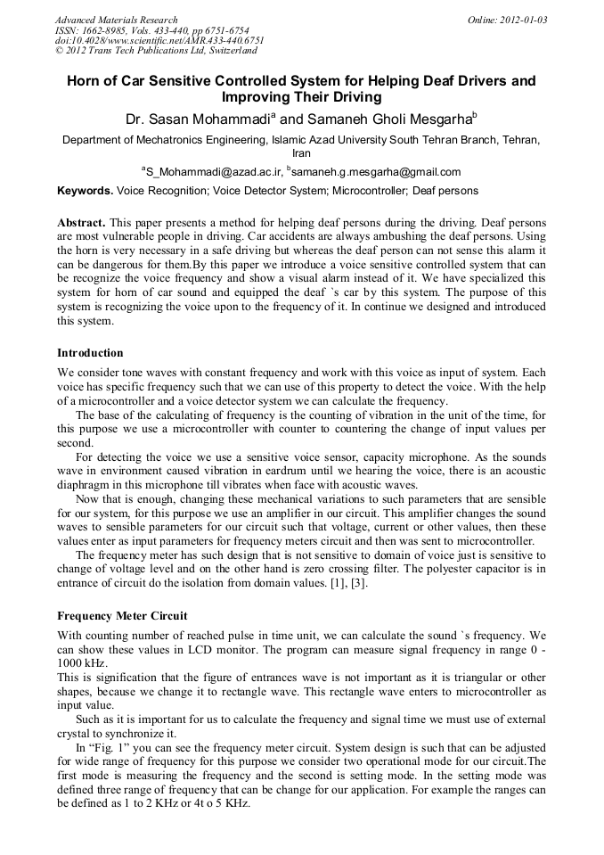 Horn of Car Sensitive Controlled System for Helping Deaf Drivers and ...