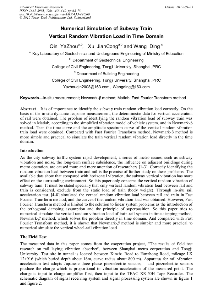 Numerical Simulation of Subway Train Vertical Random Vibration Load in Time Domain | Scientific.Net