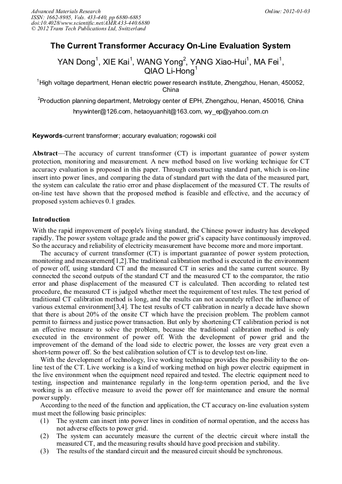 The Current Transformer Accuracy On-Line Evaluation System | Scientific.Net