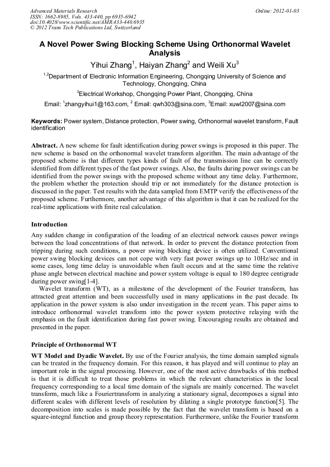 A Novel Power Swing Blocking Scheme Using Orthonormal Wavelet Analysis ...
