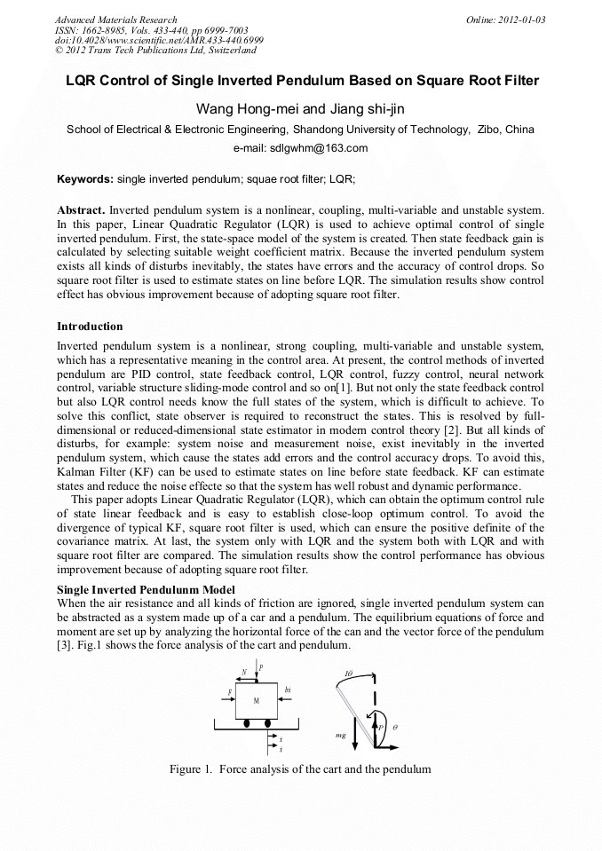 LQR Control of Single Inverted Pendulum Based on Square Root Filter ...
