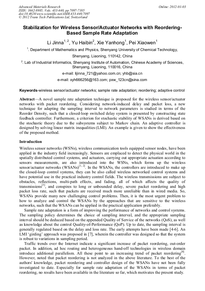 Stabilization for Wireless Sensor/Actuator Networks with Reordering-Based Sample Rate Adaptation ...