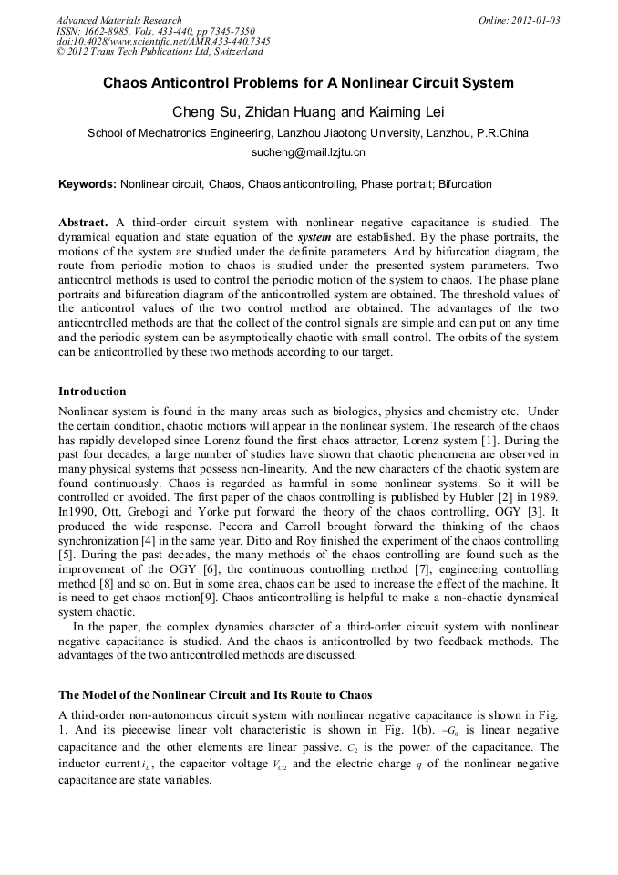 Chaos Anticontrol Problems for a Nonlinear Circuit System | Scientific.Net