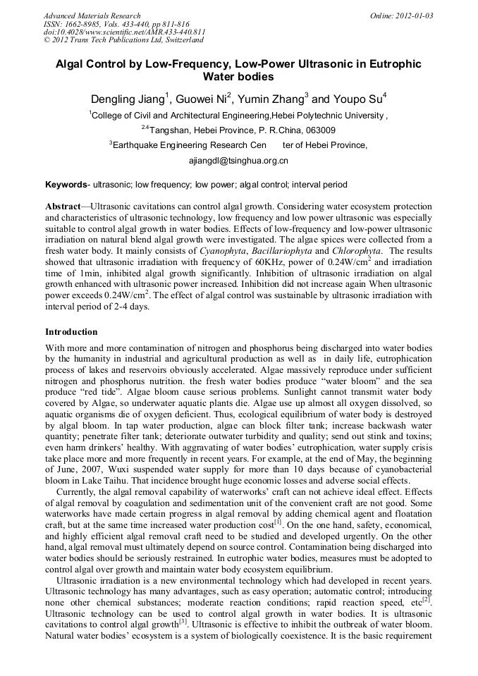 Algal Control by Low-Frequency, Low-Power Ultrasonic in Eutrophic Water ...