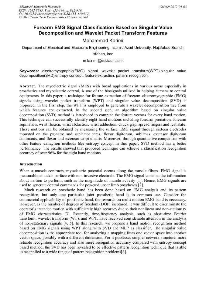 Forearm EMG Signal Classification Based on Singular Value Decomposition and Wavelet Packet ...