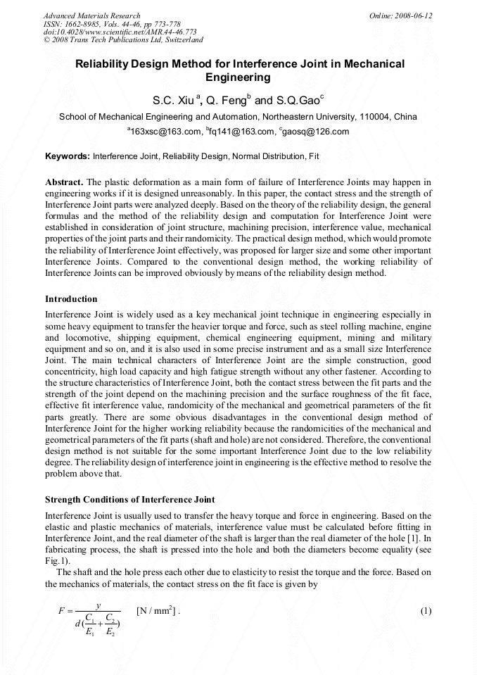 Reliability Design Method for Interference Joint in Mechanical ...
