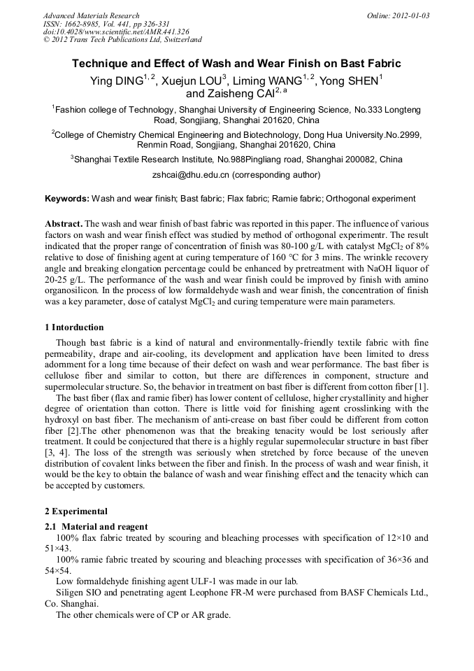Technique and Effect of Wash and Wear Finish on Bast Fabric ...