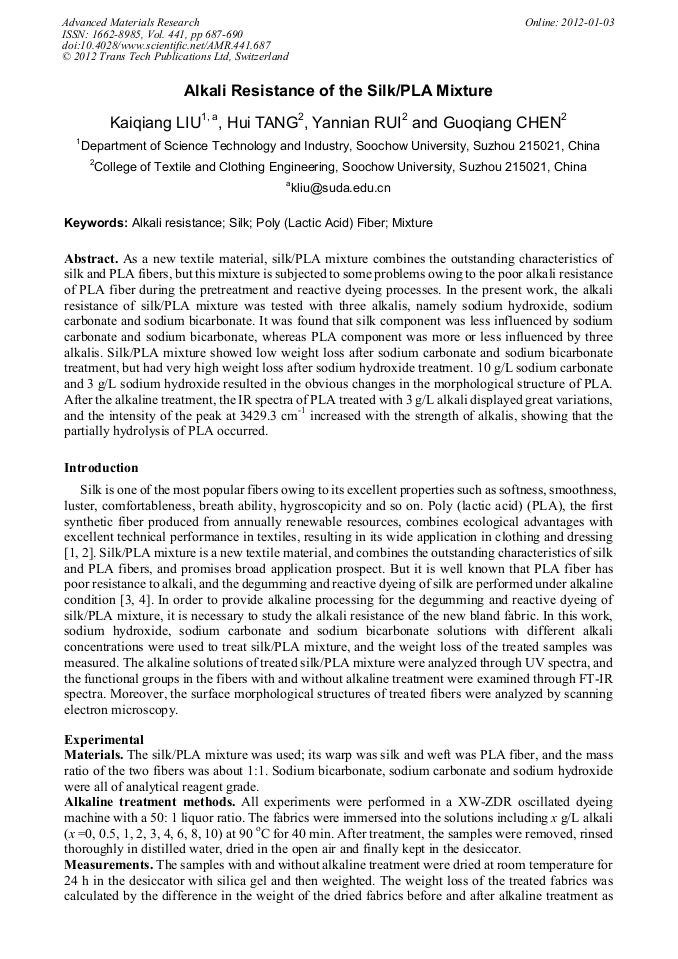 Alkali Resistance of the Silk/PLA Mixture | Scientific.Net