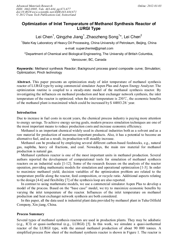 Optimization of Inlet Temperature of Methanol Synthesis Reactor of ...