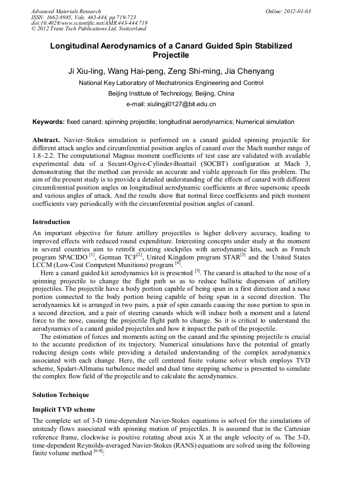 Longitudinal Aerodynamics of a Canard Guided Spin Stabilized Projectile ...