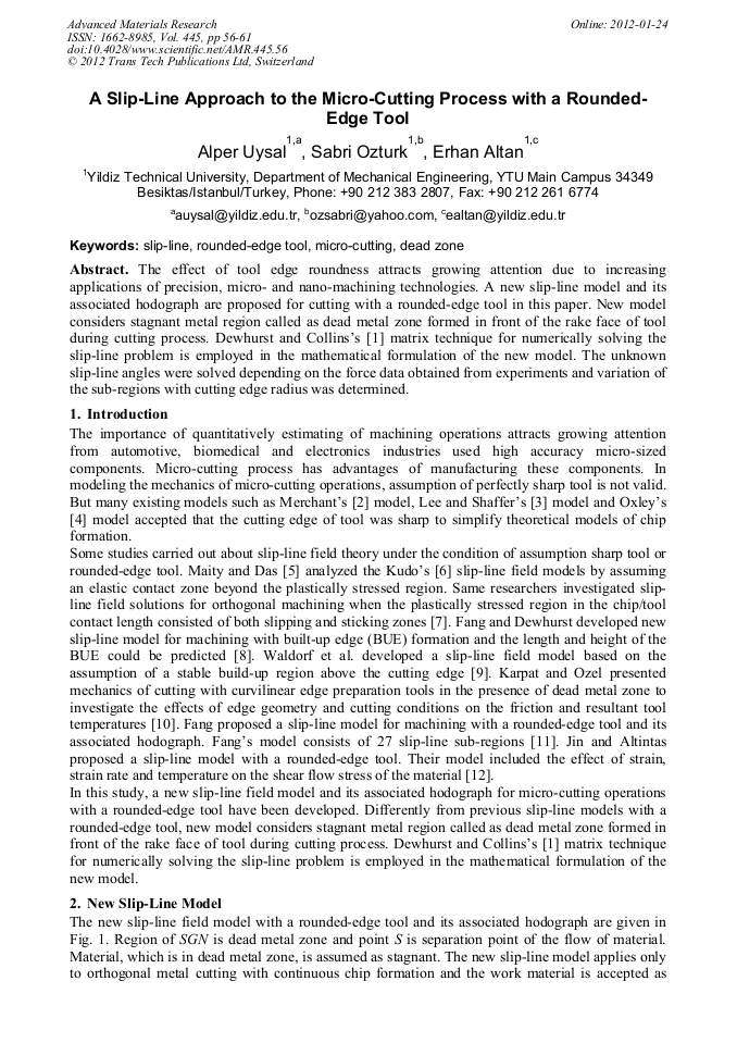 A Slip-Line Approach to the Micro-Cutting Process with a Rounded-Edge ...