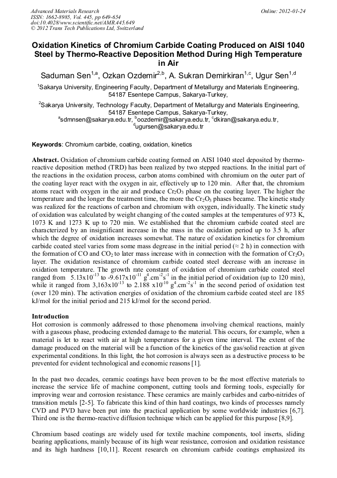 Oxidation Kinetics of Chromium Carbide Coating Produced on AISI 1040 ...