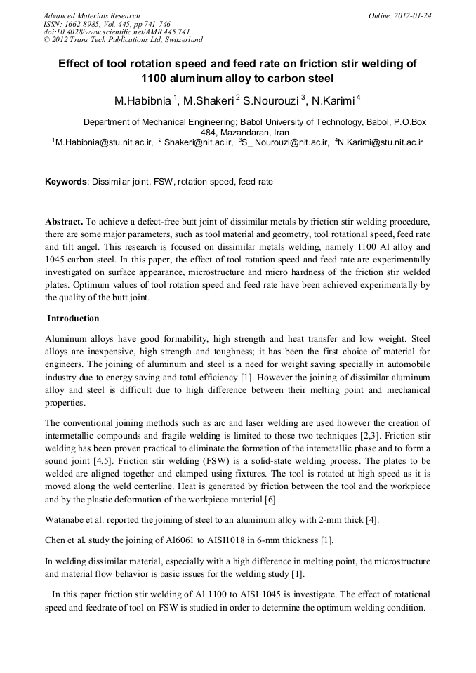 Effect of Tool Rotation Speed and Feed Rate on Friction Stir Welding of ...