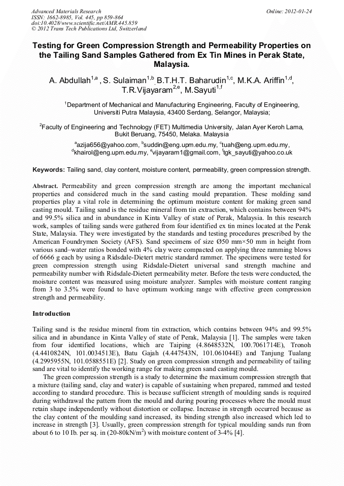 Testing for Green Compression Strength and Permeability Properties on ...