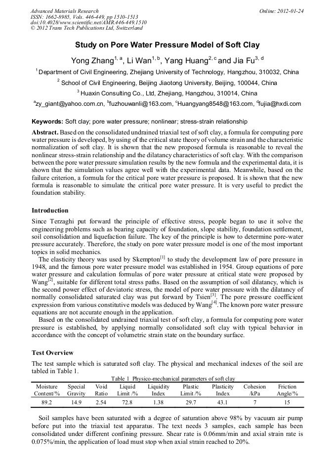 Study on Pore Water Pressure Model of Soft Clay | Scientific.Net