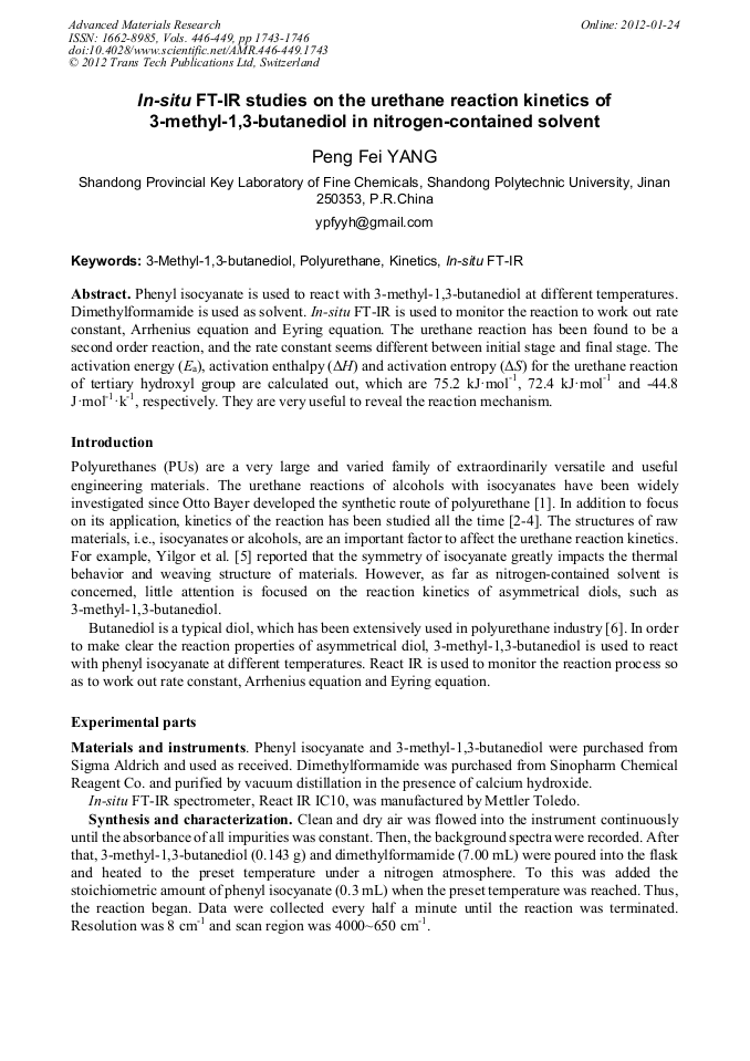 In Situ FT-IR Studies on the Urethane Reaction Kinetics of 3-Methyl-1,3 ...