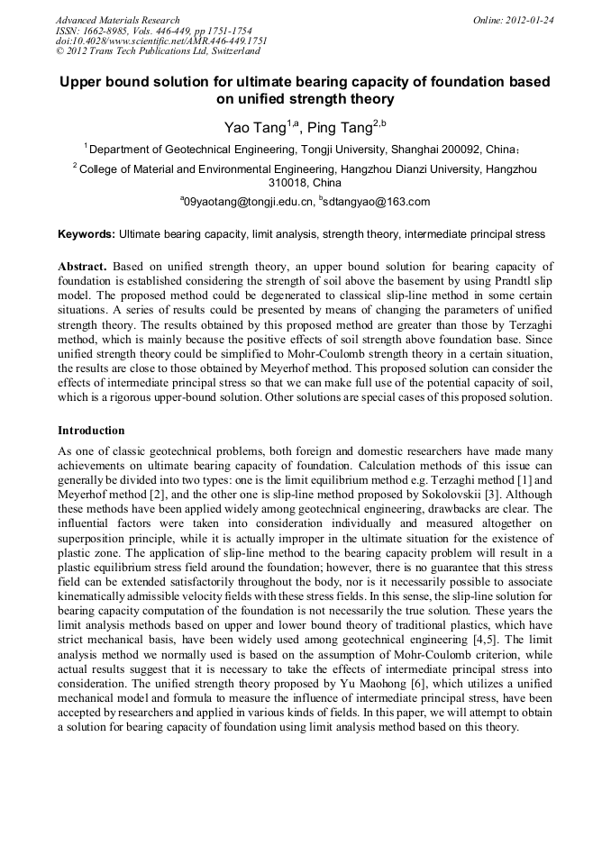 Upper Bound Solution for Ultimate Bearing Capacity of Foundation Based ...