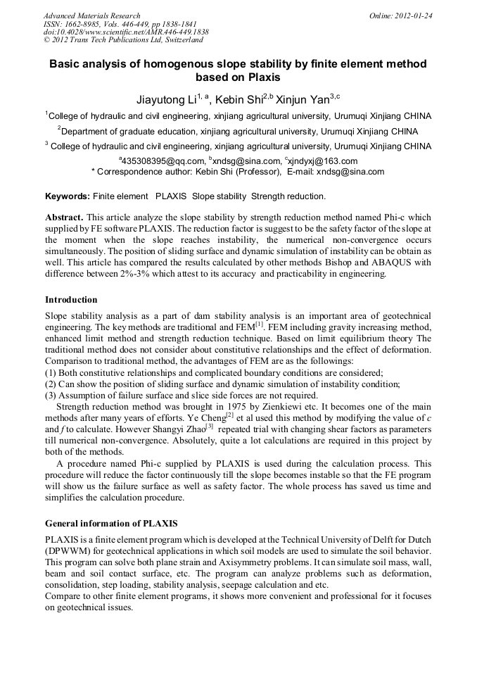 Basic Analysis of Homogenous Slope Stability by Finite Element Method ...