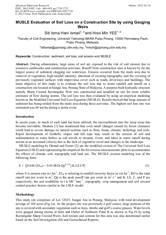 MUSLE Evaluation of Soil Loss on a Construction Site by Using Gauging ...