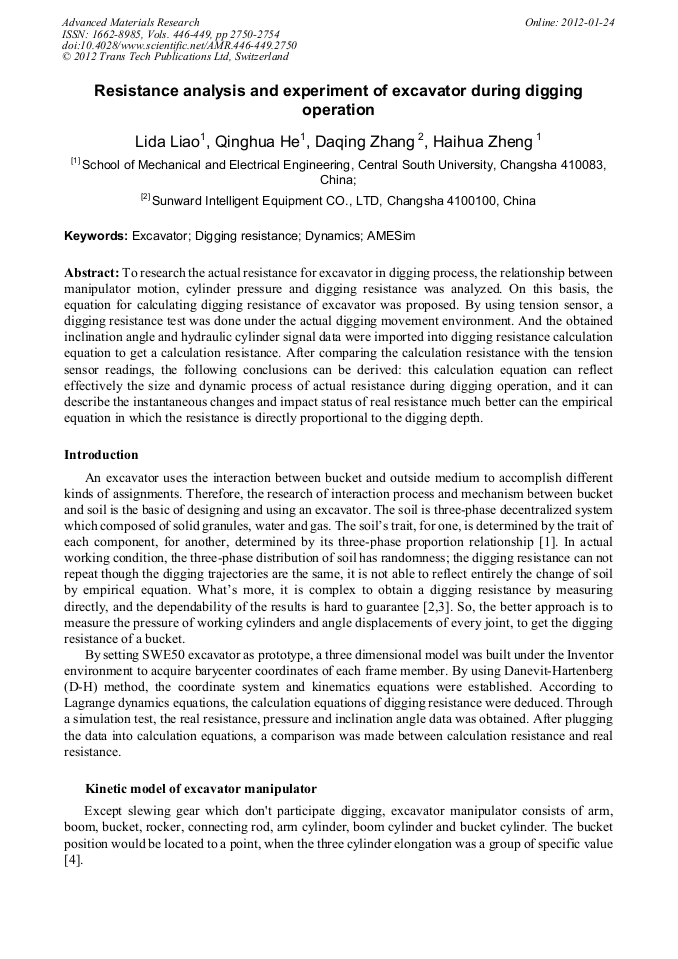 Resistance Analysis and Experiment of Excavator during Digging ...