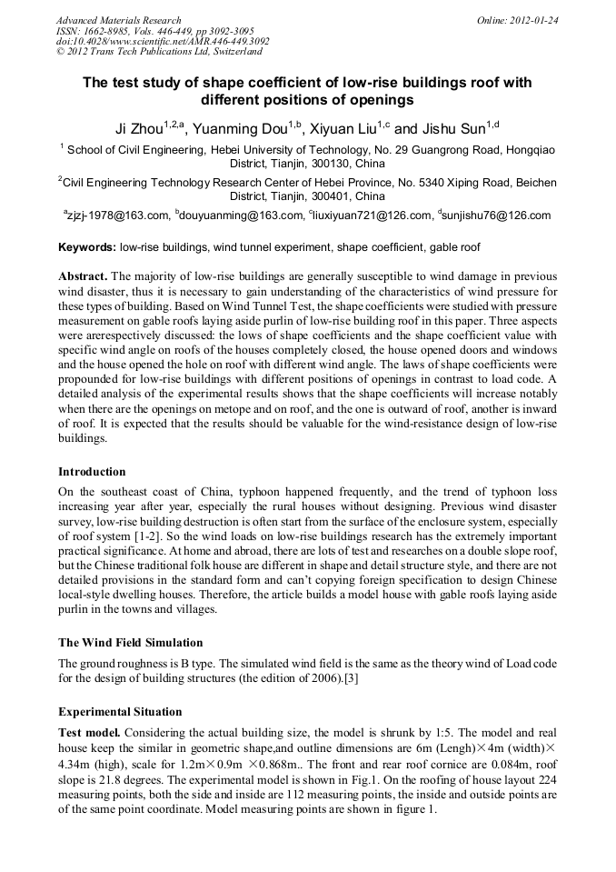 The Test Study of Shape Coefficient of Low-Rise Buildings Roof with ...