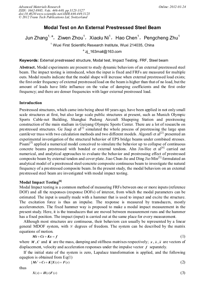 Modal Test on an External Prestressed Steel Beam | Scientific.Net