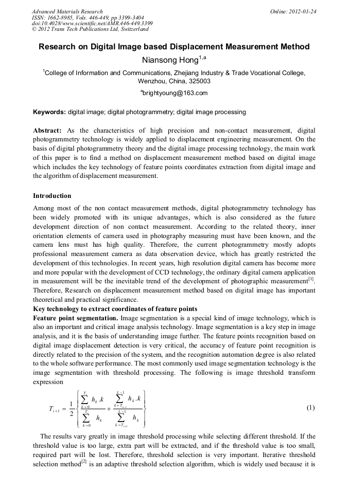 Research on Digital Image Based Displacement Measurement Method ...