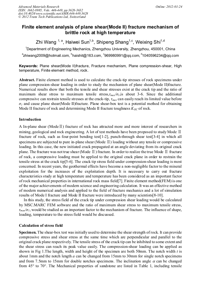 Finite Element Analysis of Plane Shear(Mode II) Fracture Mechanism of ...