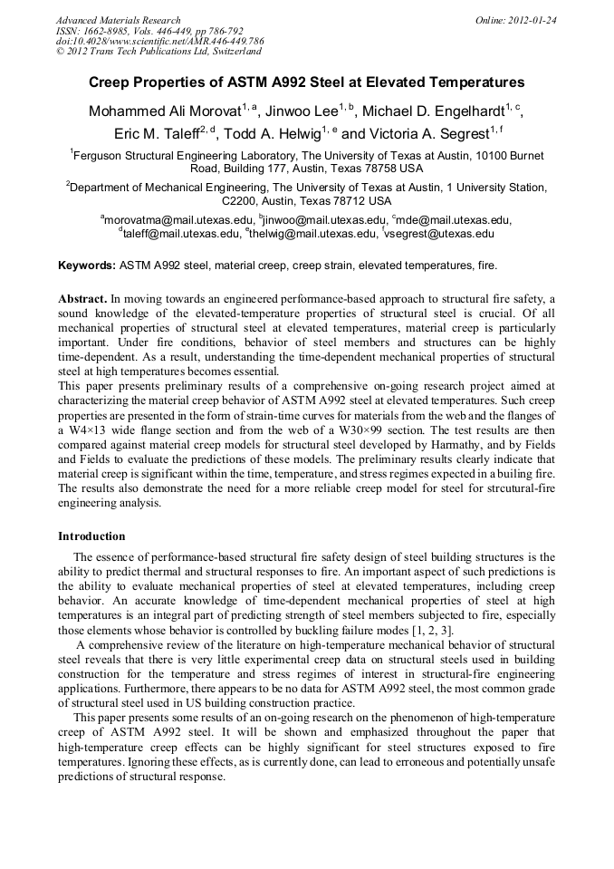 Creep Properties of ASTM A992 Steel at Elevated Temperatures ...