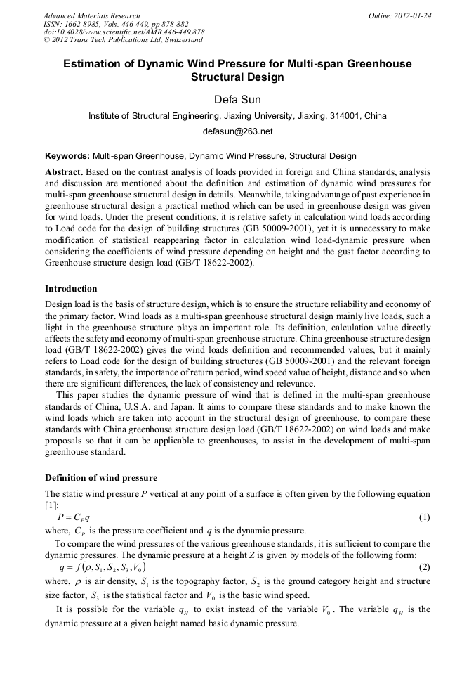 Estimation of Dynamic Wind Pressure for Multi-Span Greenhouse ...
