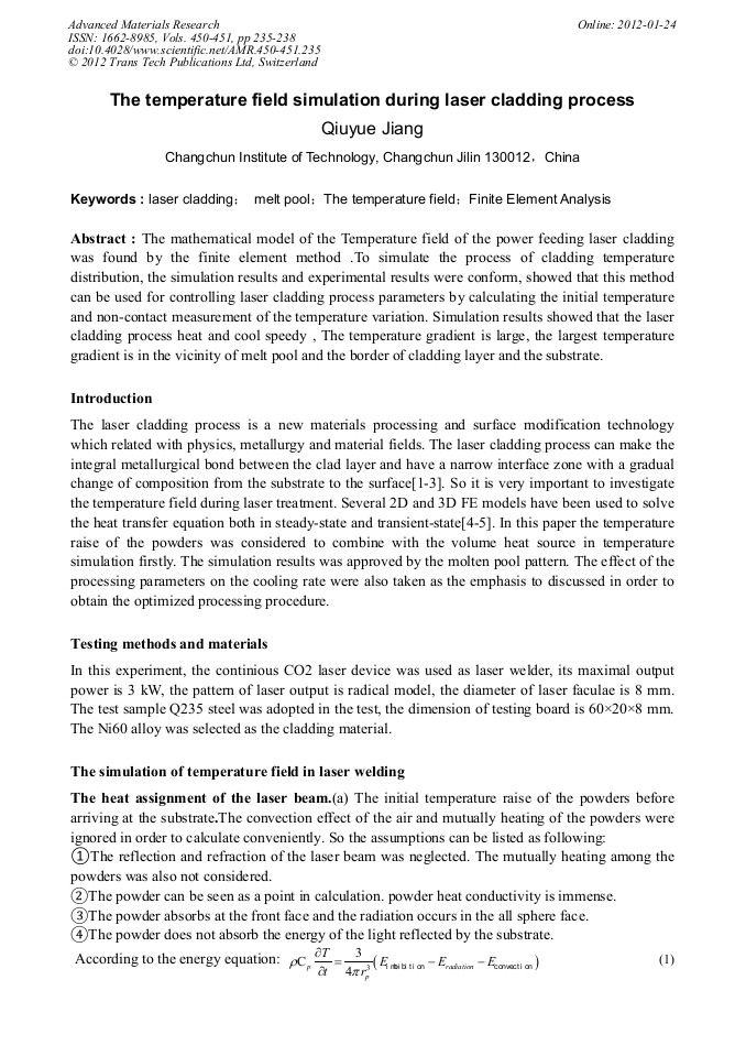 The Temperature Field Simulation during Laser Cladding Process | Scientific.Net