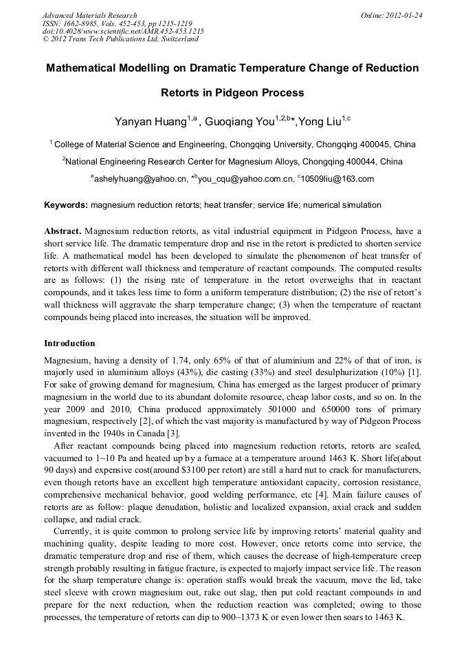 Mathematical Modelling on Dramatic Temperature Change of Reduction ...