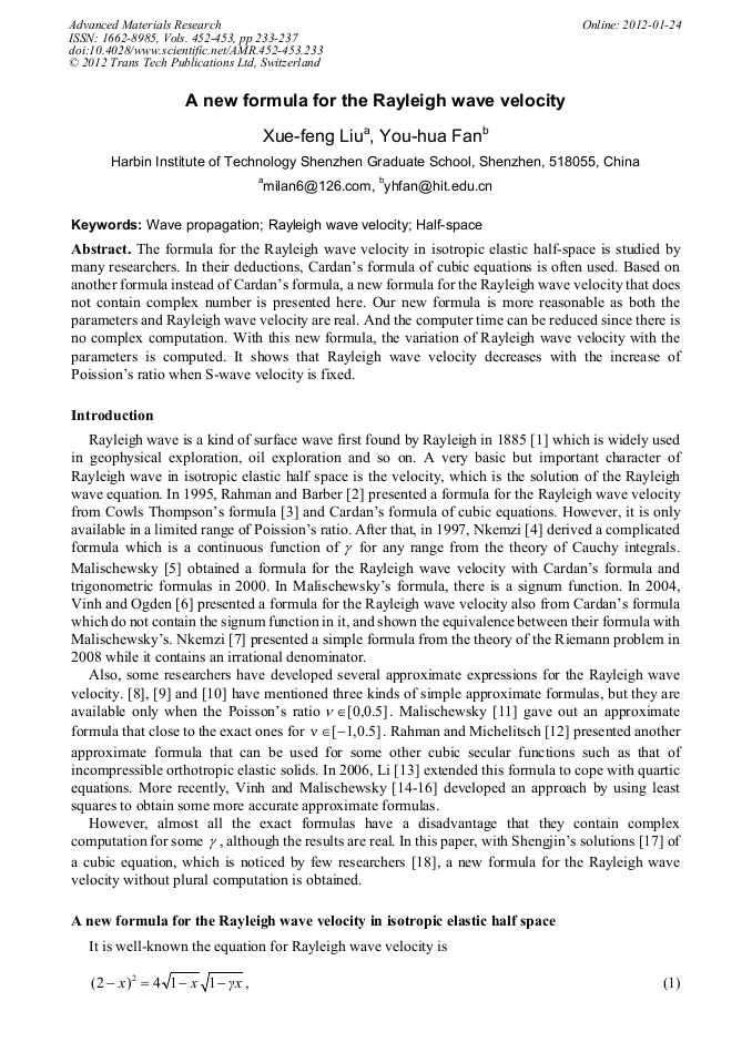 A New Formula for the Rayleigh Wave Velocity | Scientific.Net