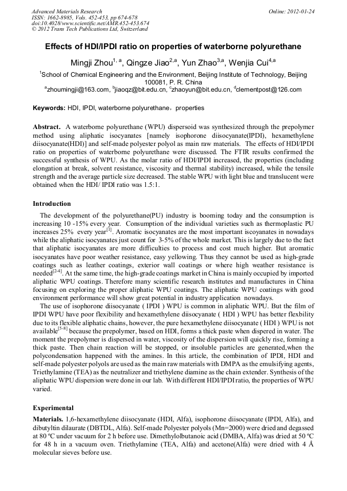Effects of HDI/IPDI Ratio on Properties of Waterborne Polyurethane ...