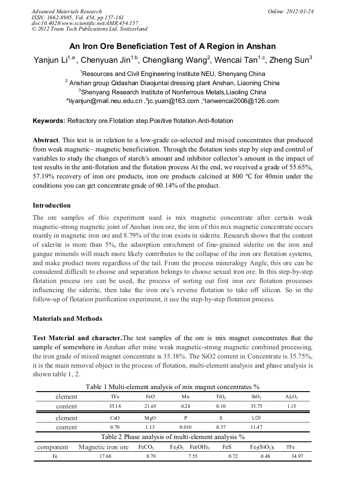 An Iron Ore Beneficiation Test of a Region in Anshan | Scientific.Net
