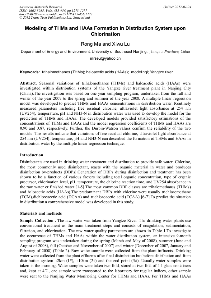 Modeling of THMs and HAAs Formation in Distribution System upon ...