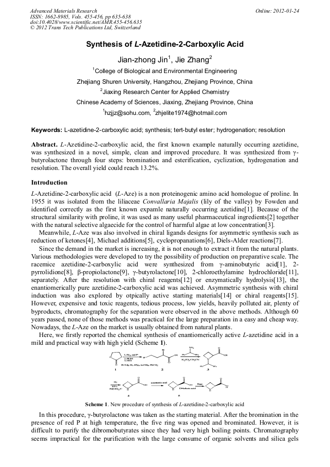 Synthesis of L-Azetidine-2-Carboxylic Acid | Scientific.Net