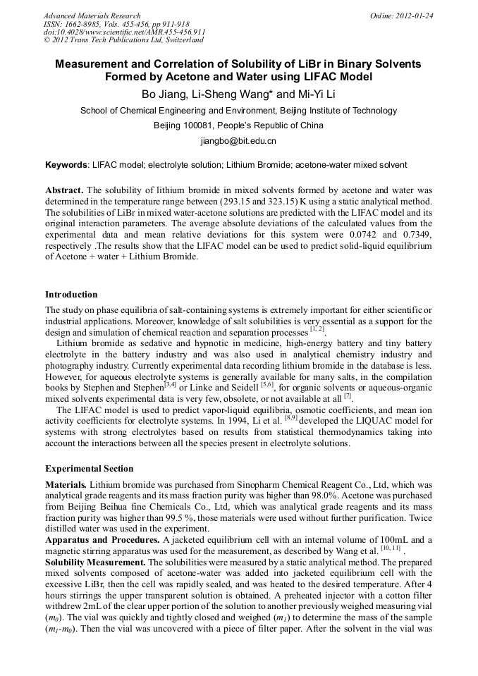 Measurement and Correlation of Solubility of LiBr in Binary Solvents ...