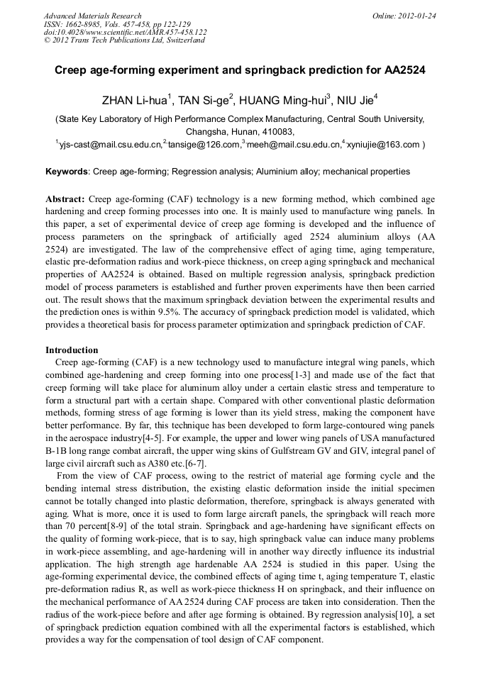 Creep Age-Forming Experiment and Springback Prediction for AA2524 ...