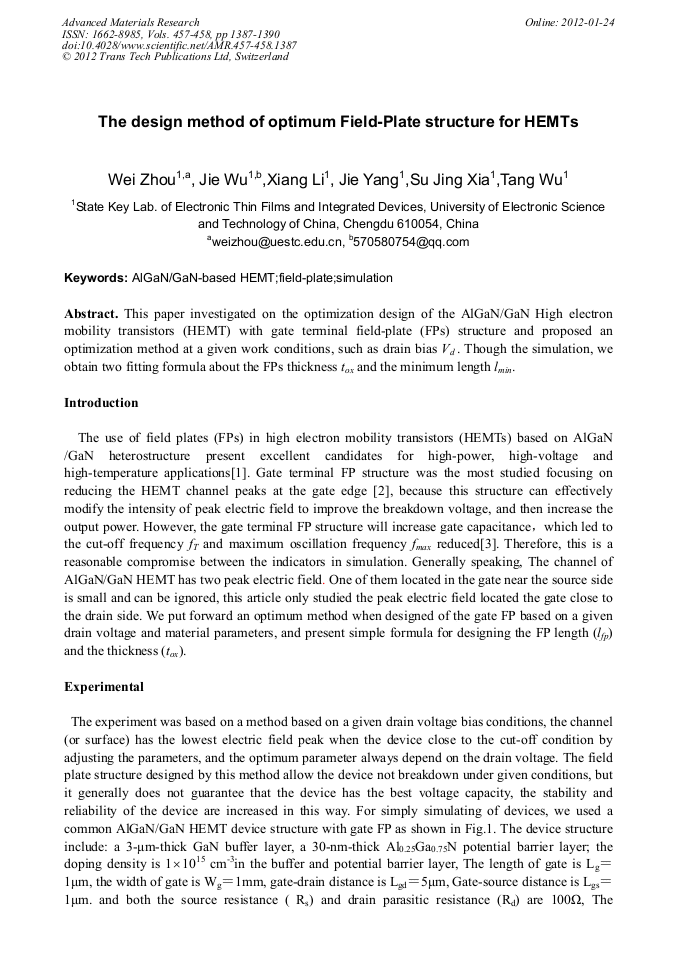 The Design Method of Optimum Field-Plate Structure for HEMTs ...