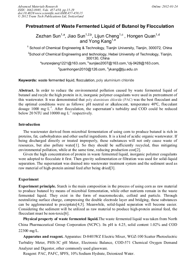 Pretreatment of Waste Fermented Liquid of Butanol by Flocculation ...