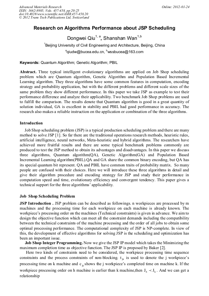 Research on Algorithms Performance about JSP Scheduling | Scientific.Net