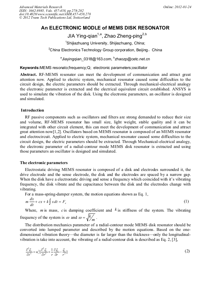 An Electronic Modle of Mems Disk Resonator | Scientific.Net