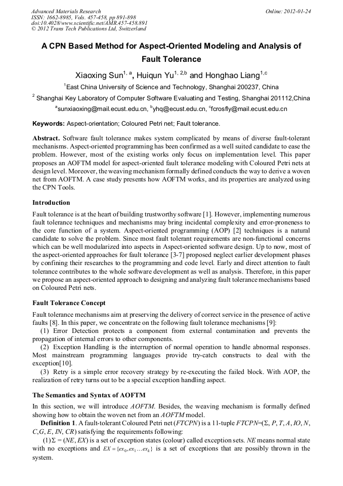 A CPN Based Method for Aspect-Oriented Modeling and Analysis of Fault Tolerance | Scientific.Net