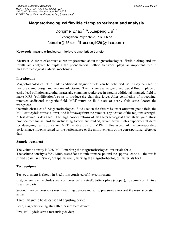Magnetorheological Flexible Clamp Experiment and Analysis | Scientific.Net