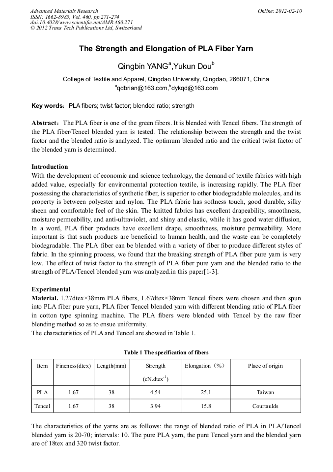 The Strength and Elongation of PLA Fiber Yarn | Scientific.Net