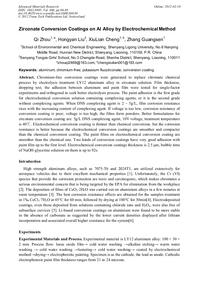 Zirconate Conversion Coatings on Al Alloy by Electrochemical Method ...