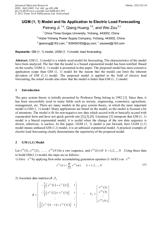 UGM (1,1) Model and its Application to Electric Load Forecasting ...