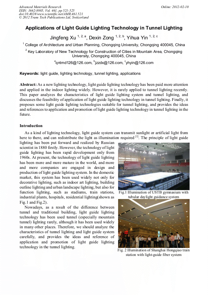 Applications of Light Guide Lighting Technology in Tunnel Lighting | Scientific.Net