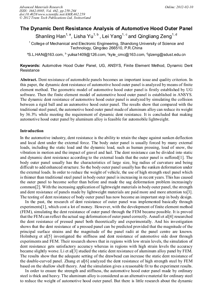The Dynamic Dent Resistance Analysis of Automotive Hood Outer Panel ...